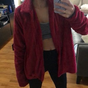 SHEIN | Jackets & Coats | Red Collared Fuzzy Coat With Inside Black ...